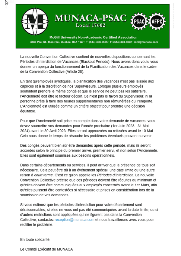 Planification des Vacances et Périodes d’Interdiction de Vacances – MUNACA